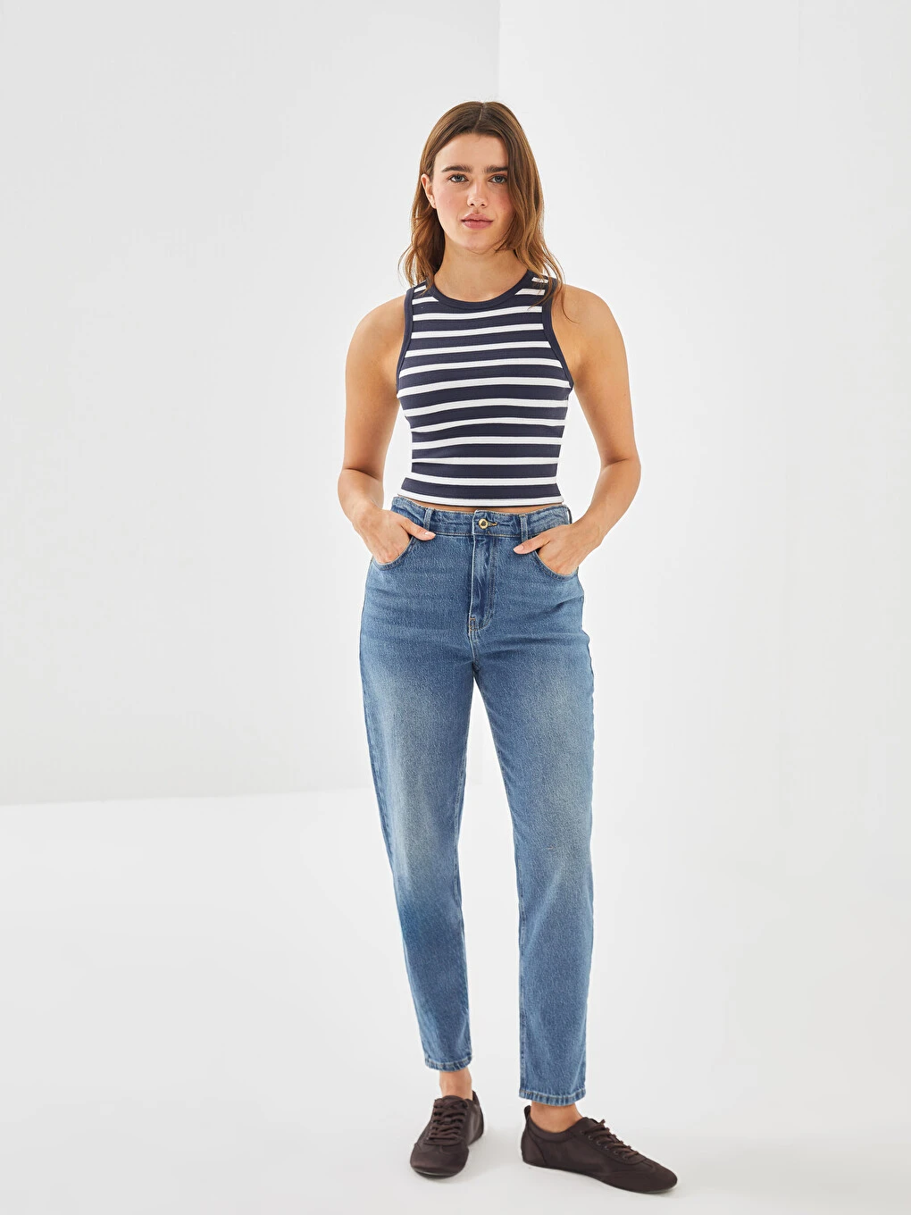 LCW Vision Okrugli Izrez Prugasta Ženska Crop Top Majica