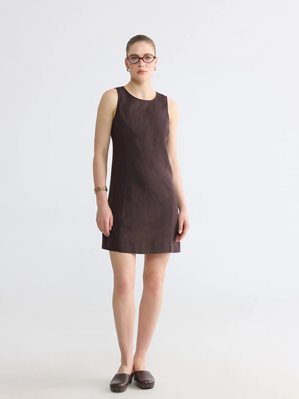LCW Comfort Lanena Mini Haljina Sa Okruglim Izrezom
