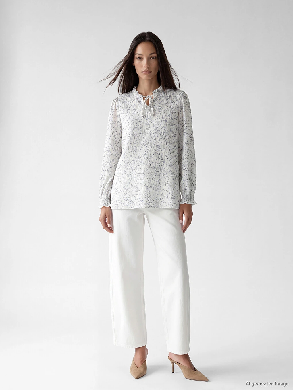LCW EVERYDAY Bluza Sa Naborima Sa Kragnom Na Vezanje Sa Uzorkom