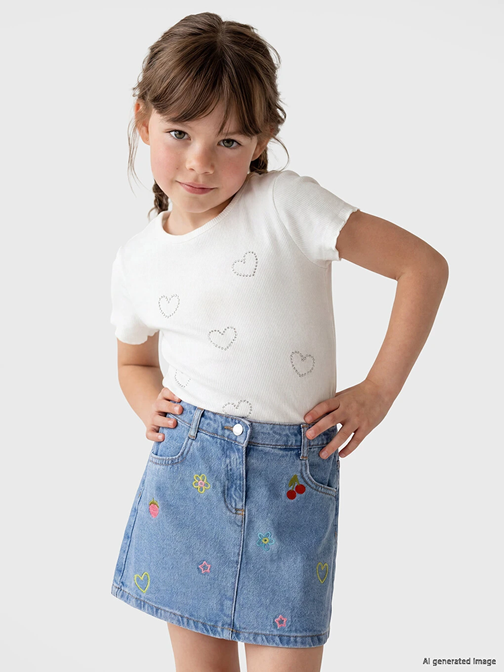 LCW Kids Rebrasta Majica Za Devojčice Sa Srcastim Dezenom Ukrašena Cirkonima