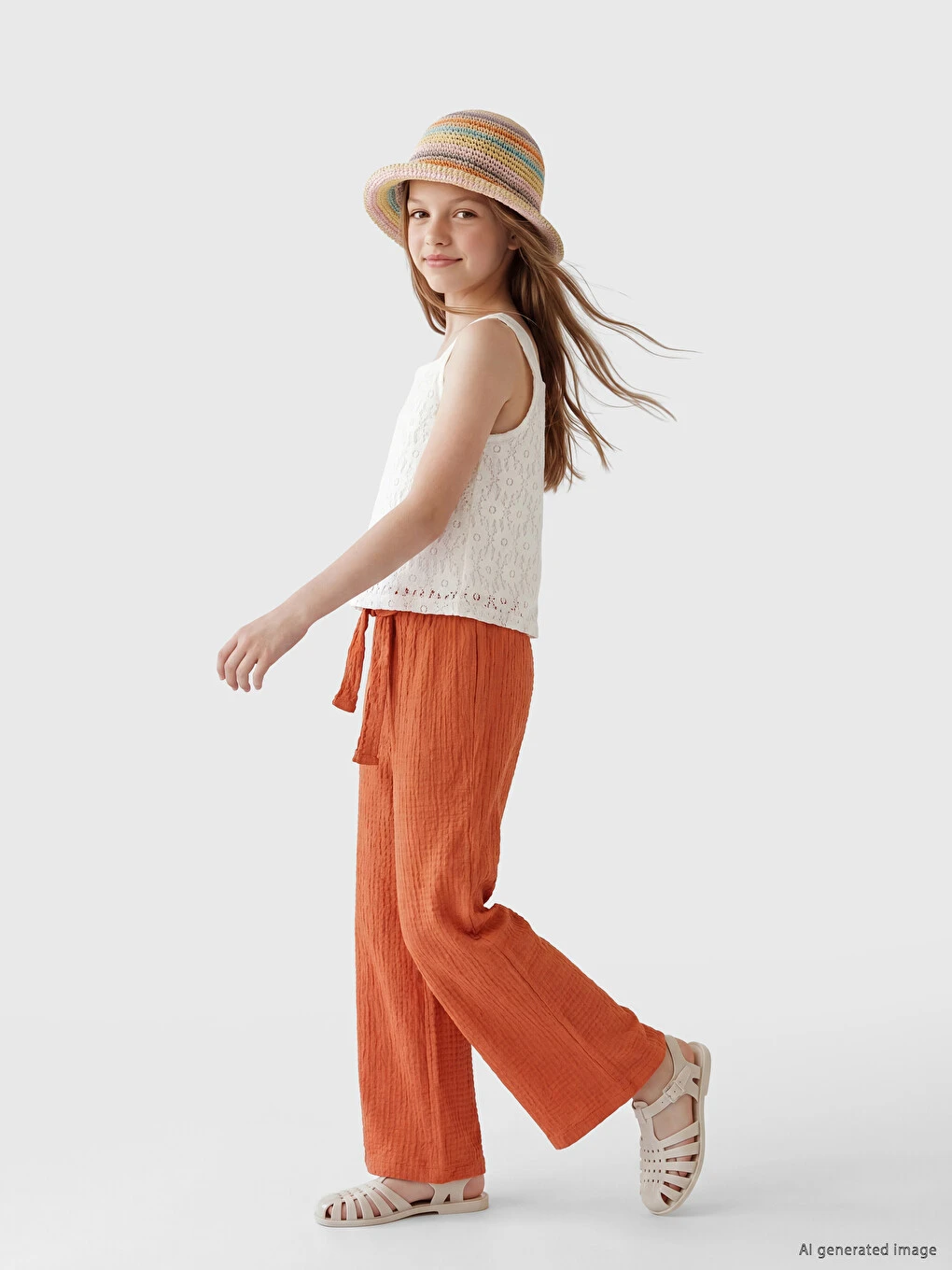 LCW Kids Teksturirane Pantalone Širokih Nogavica Za Devojčice