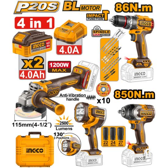 Akumulatorski set udarna bušilica + udarni odvrtač + ugaona brusilica + led lampa + 20V 2x4,0Ah + pribor Super INGCO COSLI251192E
