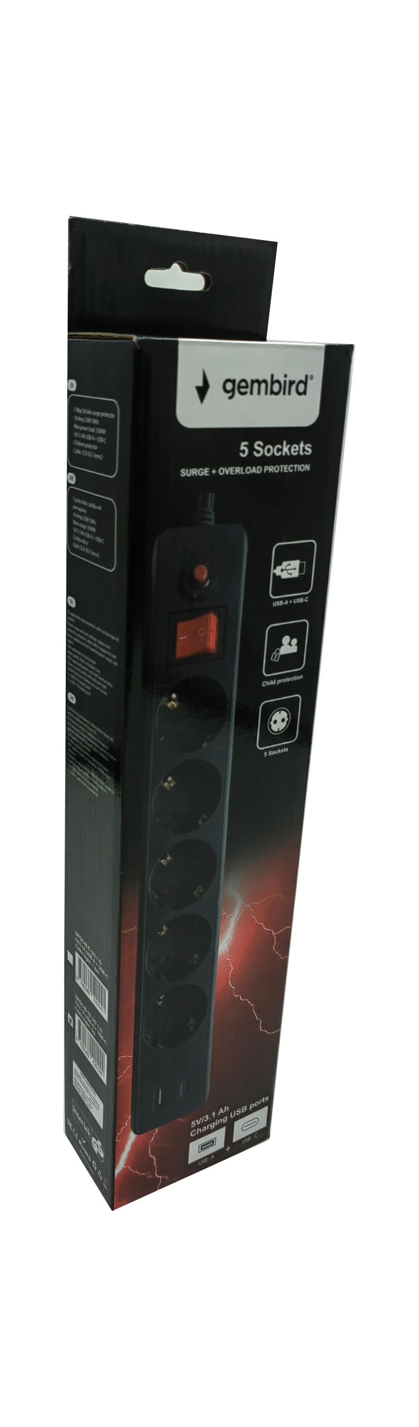 KABL NAPONSKI PRODUZNI 5UTICNICA+USB-A+C PUNJENJE 1.8M GEMBIRD