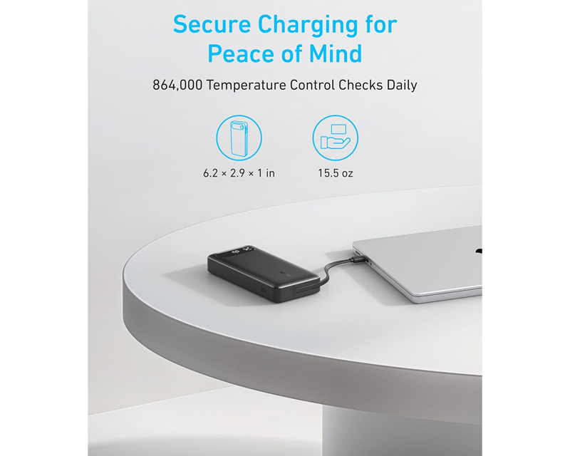 ANKER 20000mAh, 87W, sa ugrađenim USB-C kablom na izvlačenje, Power Bank crni