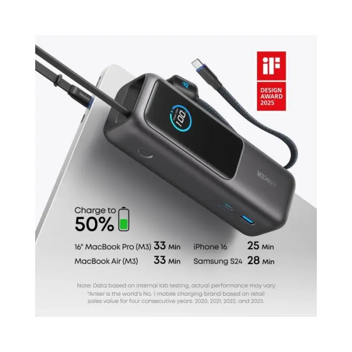 ANKER 25000mAh, 165W, sa ugrađenim USB-C kablom na izvlačenje, Power Bank za laptop srebrni