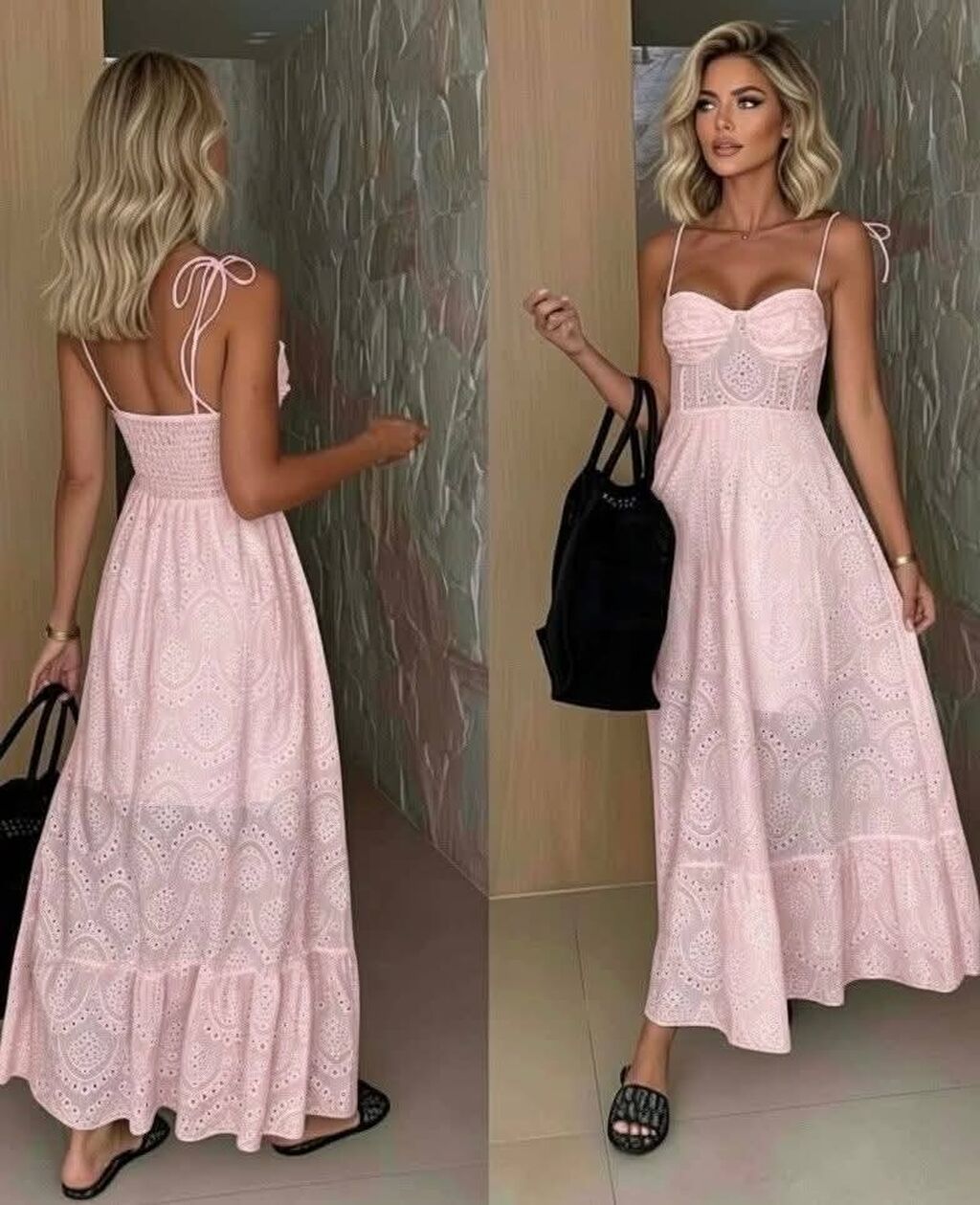 Ženska maxi haljina od broderi čipke - Model: duga letnja haljina sa