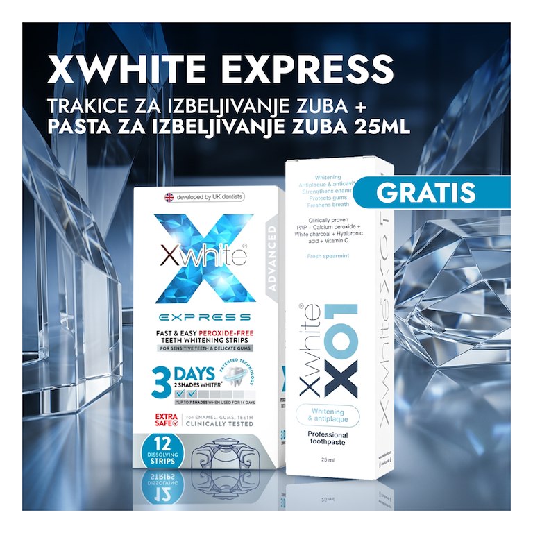Šta su Xwhite Express trakice?
Rezultati i benefiti
Kako funkcioniše Xwhite® P³ tehnologija?
Gratis poklon uz kupovinu
Uputstvo za upotrebu
Proizvod je klinički i dermatološki testiran, ne sa...