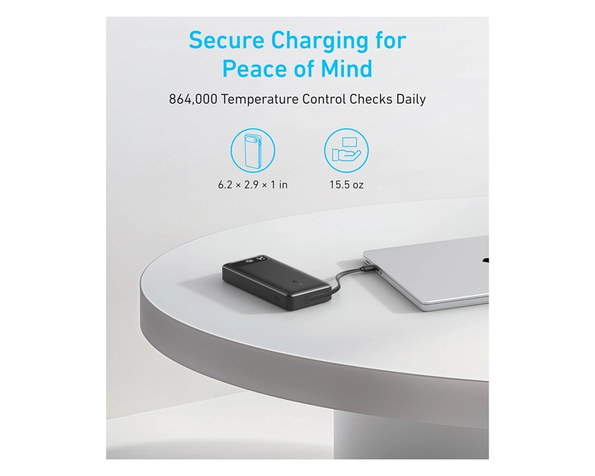 ANKER 20000mAh, 87W, sa ugrađenim USB-C kablom na izvlačenje, Power Bank crni