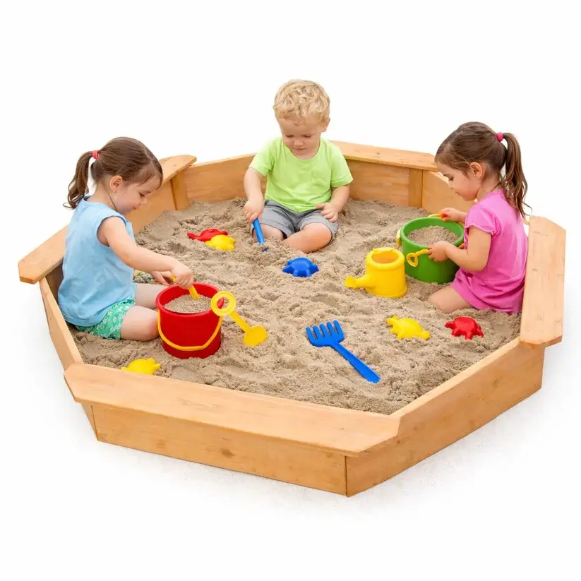 Dečiji drveni peskarnik KINDER HOME - model sa 8 strana i 4 sedišta, 134,5×134,5 cm