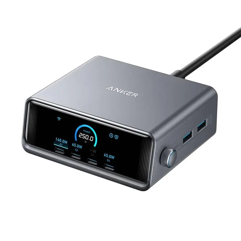 Prime Stoni brzi punjač GaN, 250W, 6-portova (4xUSB-C i 2xUSB-A), Srebrni