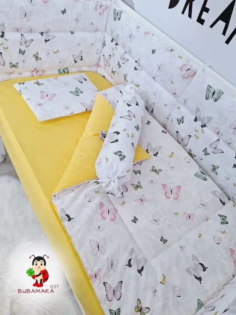 Bubamara037 Set posteljine za krevetac sa ravnom ogradicom, Žuti