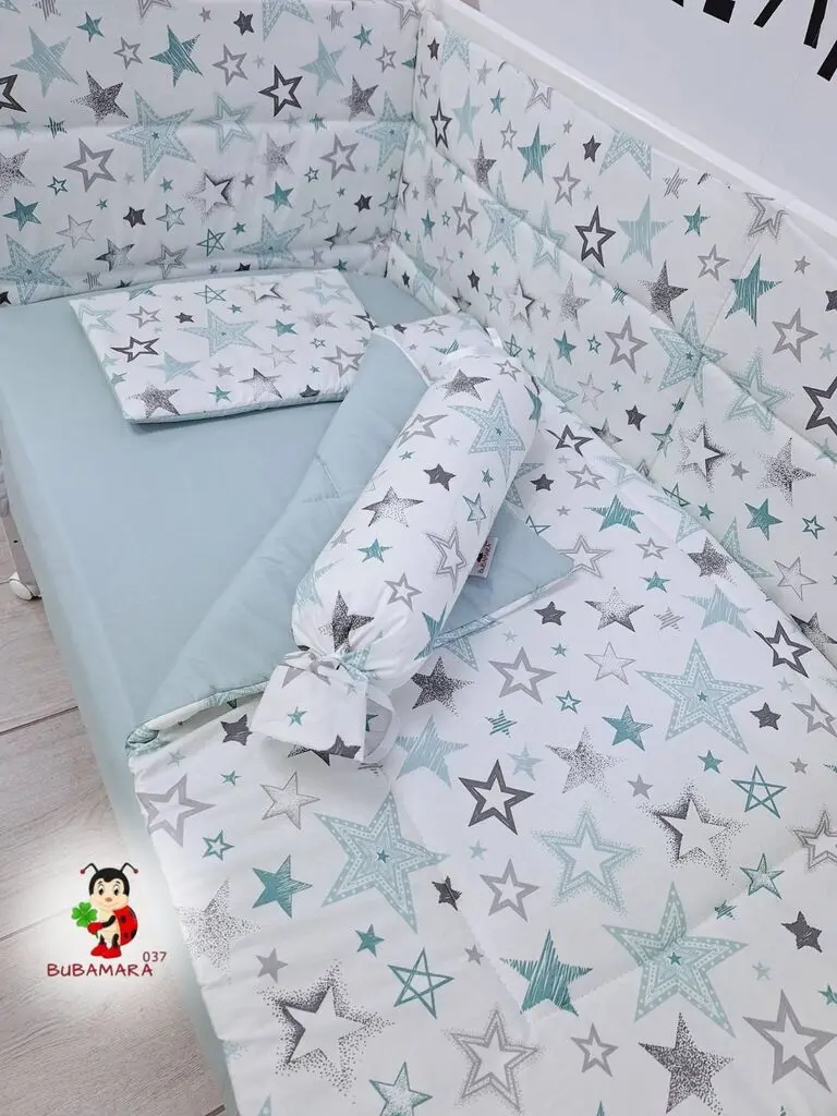 Bubamara037 Set posteljine za krevetac sa ravnom ogradicom, Plavi