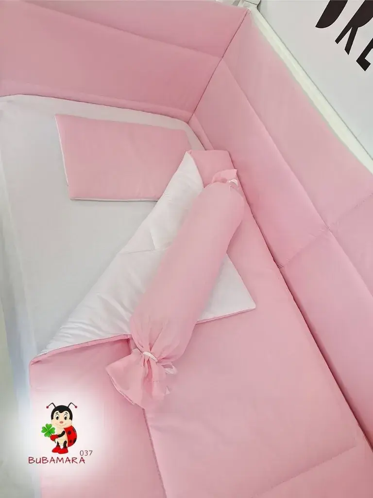 Bubamara037 Set posteljine za krevetac sa ravnom ogradicom, Dva lica, Roze-bež