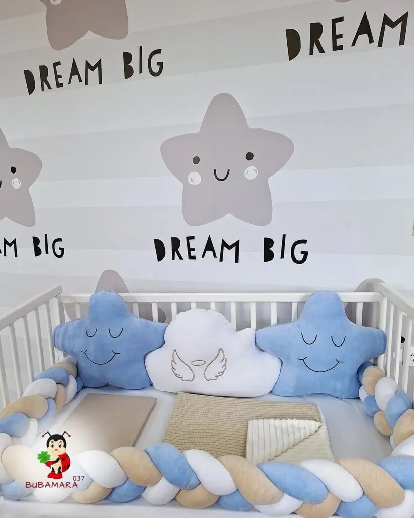 Bubamara037 Set za krevetac sa ogradicom od pletenica, 120x60cm, Bež-plavi