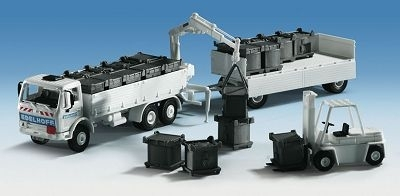 NEW! Kibri 14607 Mercedes-Benz 3-Axle with Self-Unloading Crane and 2-Axle Trailer, Box Body with Loader and Load