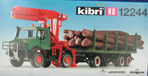 NEW! Kibri 12244 Unimog with Self-Loading Crane and 3-Axle Platform Trailer Carrying Timber Bales