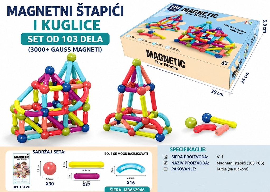 Magnetni štapići i kuglice za decu – kreativni magnetni set 103 dela LBN26-470