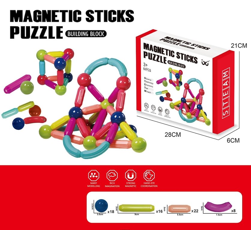 Magnetni štapići i kuglice za decu – Magnetic Puzzle set 64 dela LBN26-469