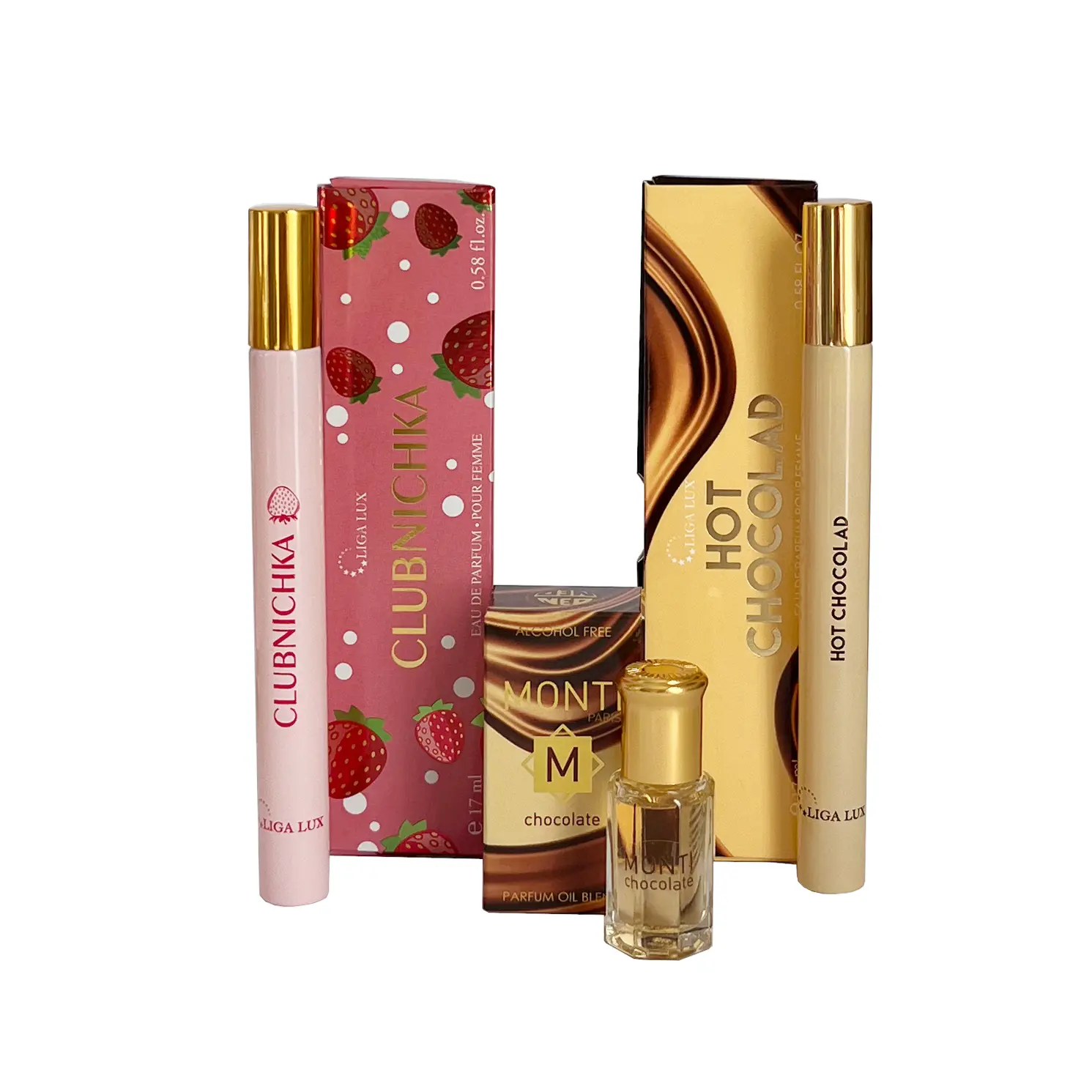 Neo Parfum Ženski set parfema Hot Chocolad, EDT 17 ml + Clubnichka, EDP 17 ml + Parfemsko ulje Monti Chocolate, 6 ml