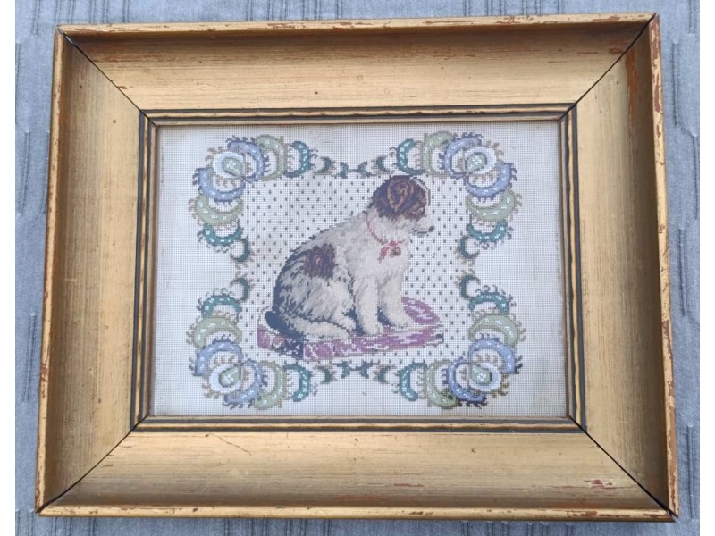 Pas, prelepa stara slika, vez, goblen 30x32 cm