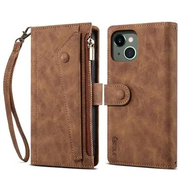 IPHONE 13 ESSEBLE ZIPPER WALLET CASE WITH WRIST STRAP - BROWN