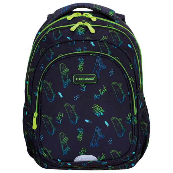 HEAD Ranac đački anatomski 2zipa 1džep veći AB300 Skate Lifestyle 24.502024115 crno-zeleni