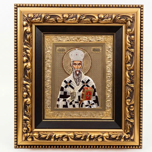 Ikona Sveti Vasilije Ostroski - Velika Metalna Ikona u Drvenom Ramu 61x52 cm