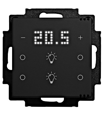 Pushbutton 6-gang,2x temp.disp.,4x light,I/O,climate/CO2
Sensors for CO2, temperature, humidity and atmospheric pressure measurement;Detection of air quality;CO2-sensor (Measuring range 390...5.0...