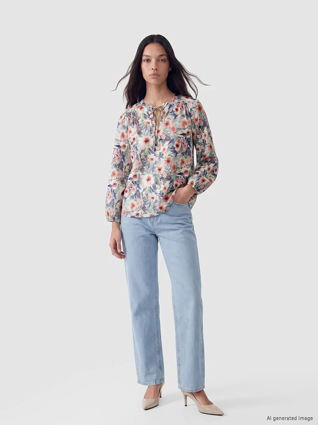 LCW EVERYDAY Bluza Sa Cvetnim Dezenom I Kragnom Na Vezivanje