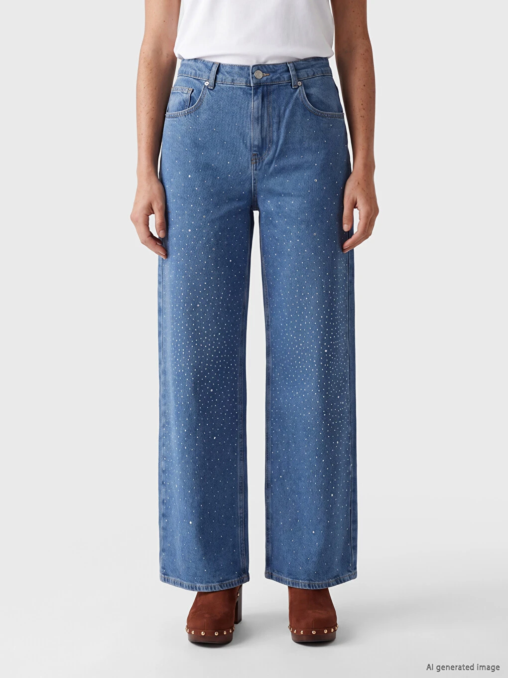 LCW Jeans Ženske Farmerke Širokih Nogavica Ukrašene Cirkonima