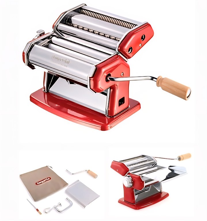 08. MAŠINA ZA TESTENINE “IMPERIA IPASTA LA CLASSICA ROSSA” VALJCI ZA LASAGNE 150MM(SFOGLIA), TAGLIOLINI 2MM I FETTUCCINE 6,5MM, TORBA, ČETKICA, LEVAK/DRŽAČ TESTA – IMPERIA, CENA: 12.966 DIN.