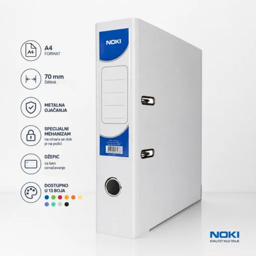 Samostojeći registrator PVC A4 70 mm sa ojačanjem – beli NOKI
