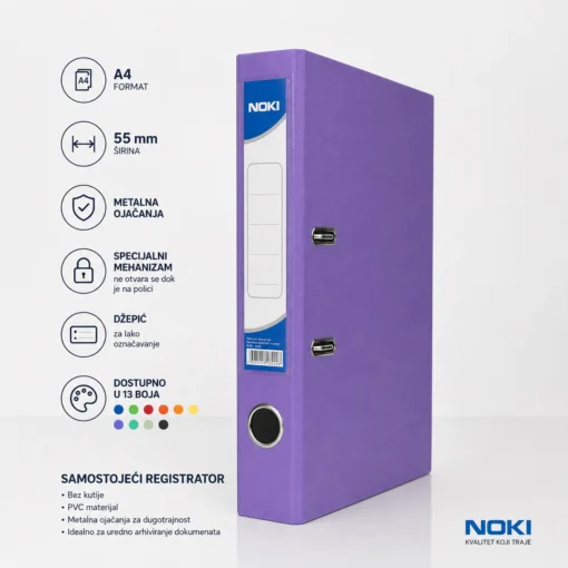 Registrator PVC uži 55mm, sa ojačanjem, A4 ljubičasta Noki