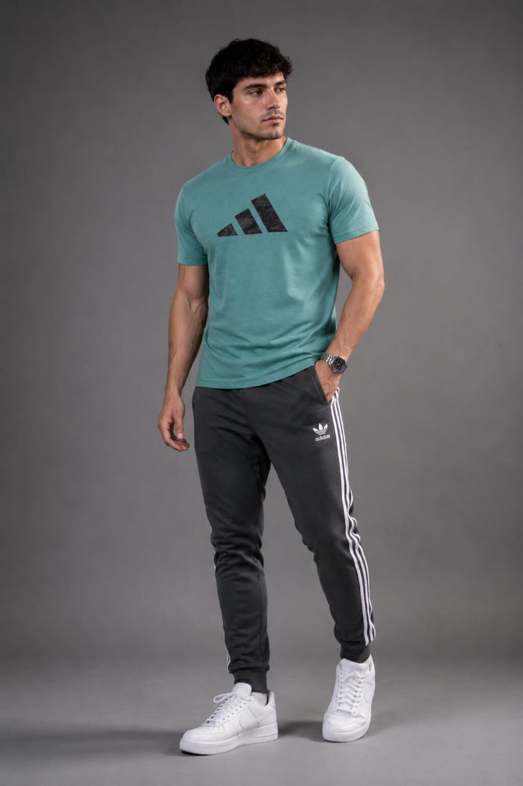 Adidas muški komplet petrolej majica i siva trenerka donji deo NOVO
