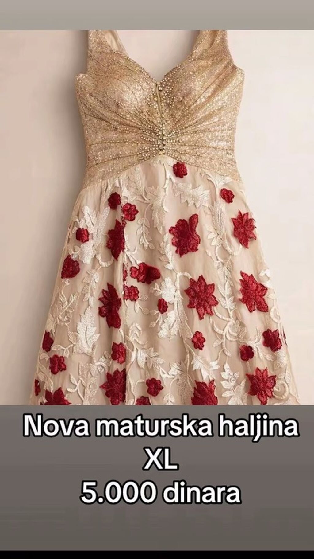 Nova maturska haljina – veličina XL. Gornji deo u zlatnoj nijansi sa