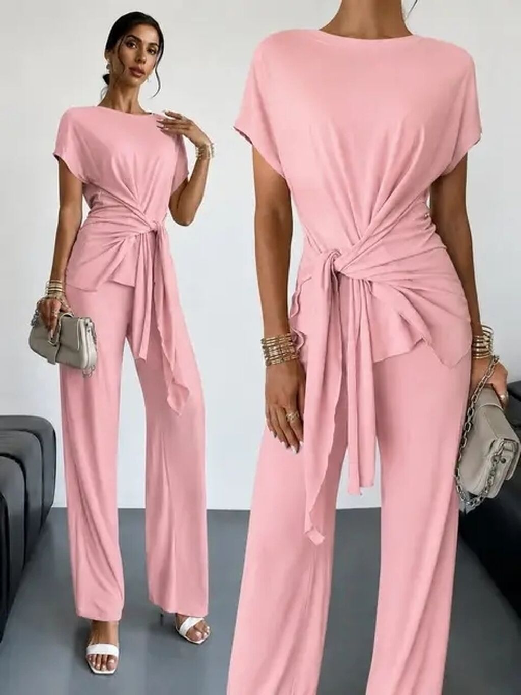 Elegantni ženski komplet – top + pantalone sa visokim strukom - Kroj