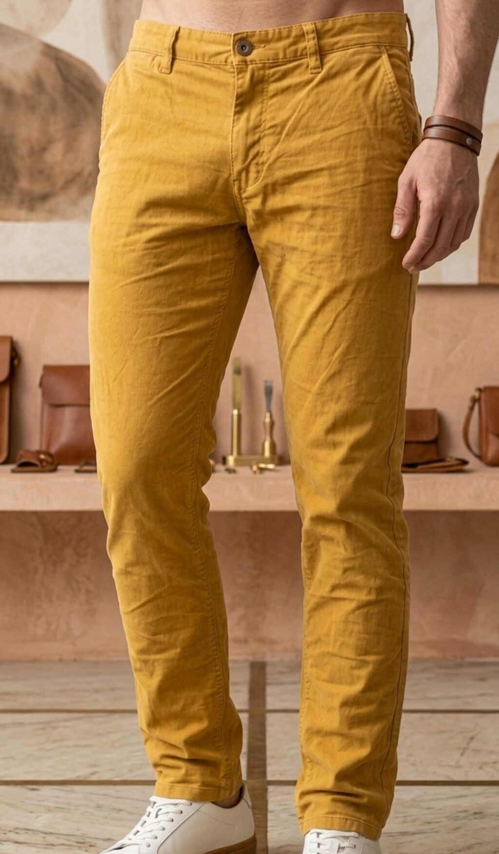Muške chino pantalone – oker/medenja boja - Kroj: slim/modern fit sa