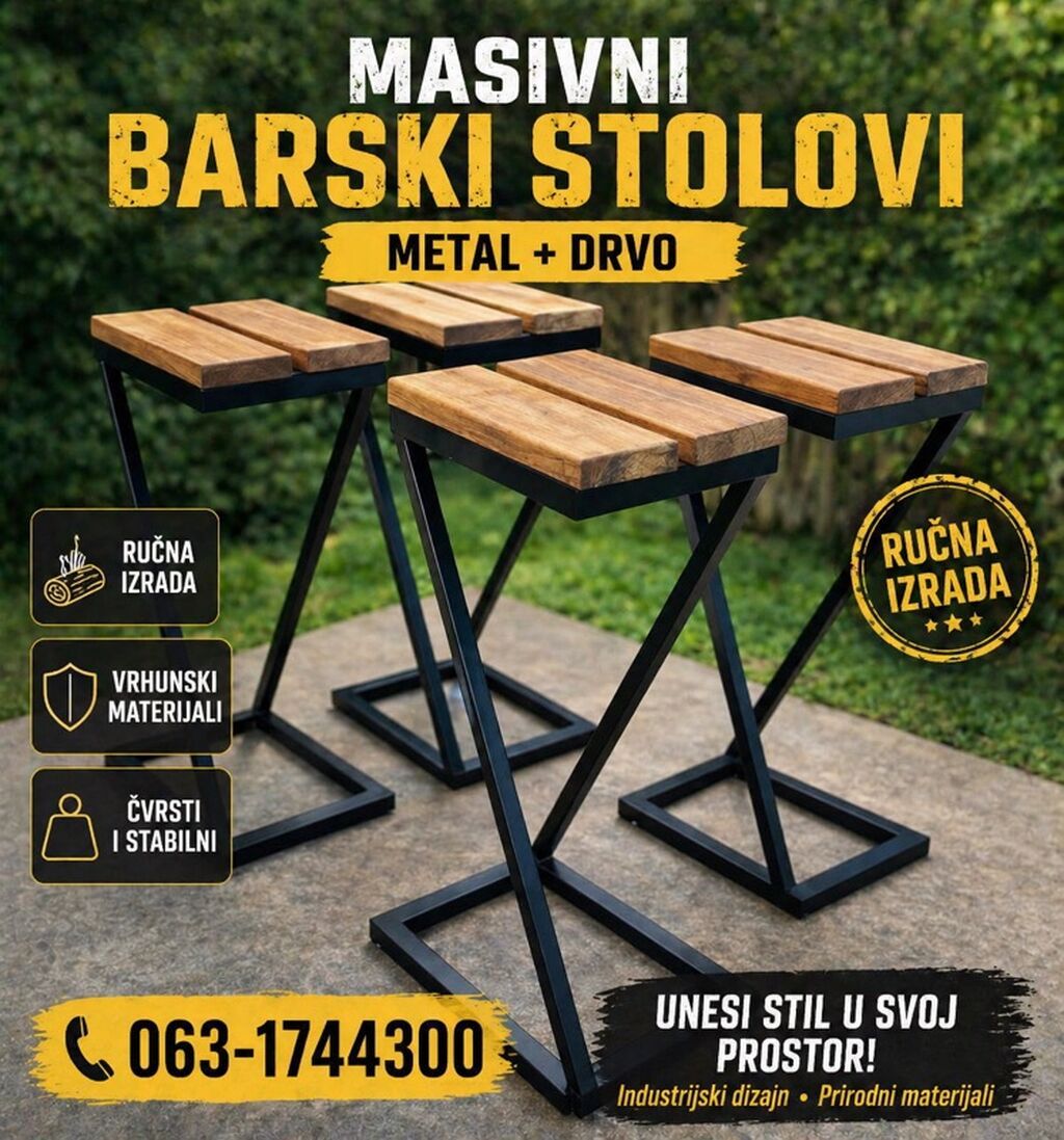 Masivni barski stolovi – 4 kom kombinacija metala i drveta - Ručna