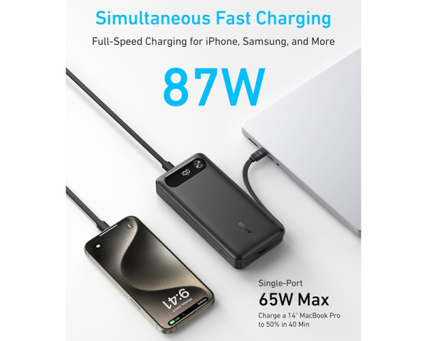 ANKER 20000mAh, 87W, sa ugrađenim USB-C kablom na izvlačenje, Power Bank crni (MOB03413)