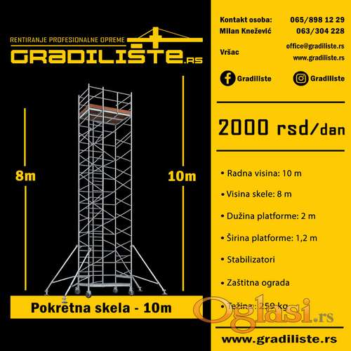 Pokretna aluminijumska skela 10m - Najam izdavanje renta skela