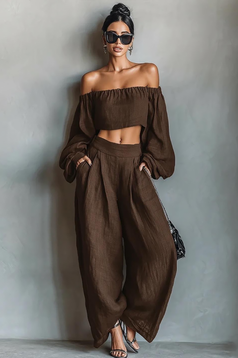 ženski laneni komplet top sa spuštenim ramenima i široke pantalone JEZABEL BROWN