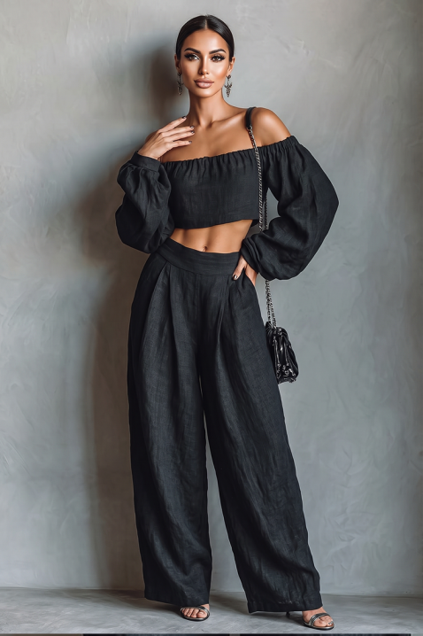 ženski laneni komplet top sa spuštenim ramenima i široke pantalone JEZABEL BLACK
