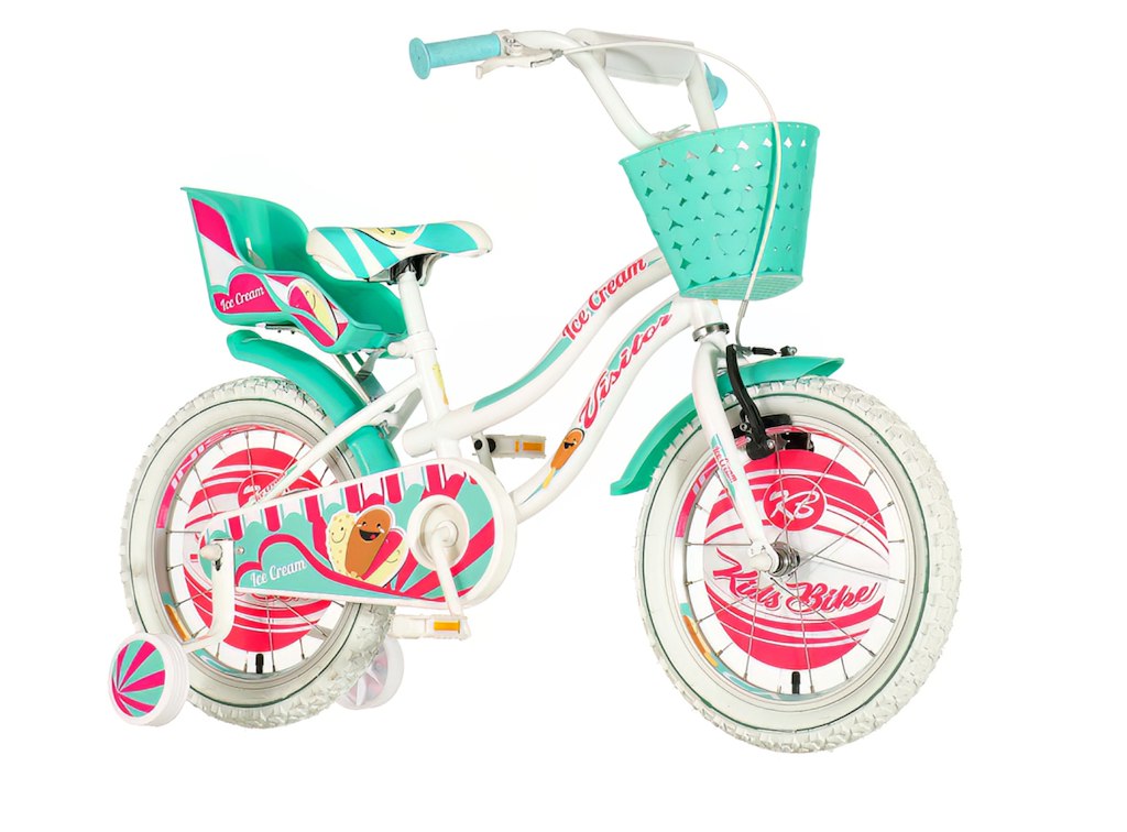 BICIKL KIDS VISITOR ICECREAM 16″ 9″ V-BRAKE KONTRA 105-125CM (16″) BELO TIRKIZ PERLA