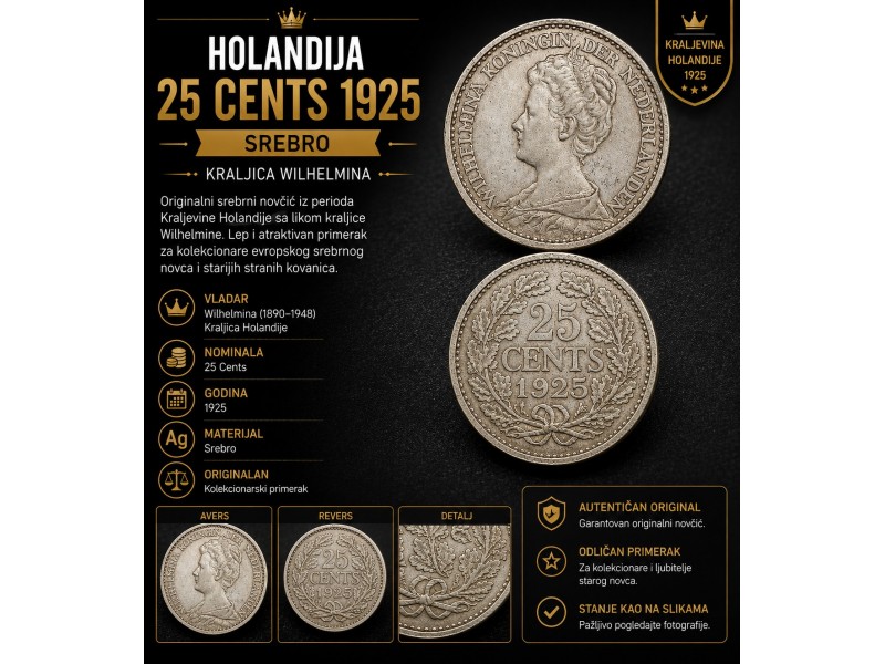 Holandija 25 Cents 1925 – Srebrni novčić – Wilhelmina