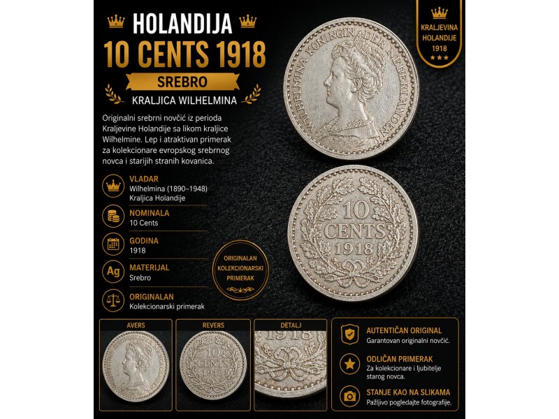 Holandija 10 Cents 1918 – srebrni novčić – Wilhelmina