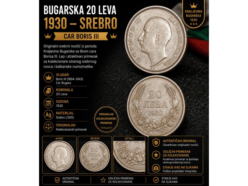 Bugarska 20 Leva 1930– srebro