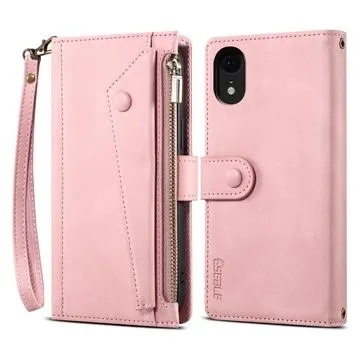 IPHONE XR ESSEBLE ZIPPER WALLET CASE WITH WRIST STRAP - PINK