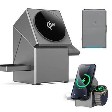 PREMIUM 3-IN-1 ROTATABLE QI2 MAGNETIC WIRELESS CHARGING STATION - GREY