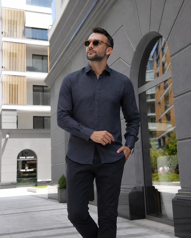 LM Dark Blue muška teget košulja 100% lan