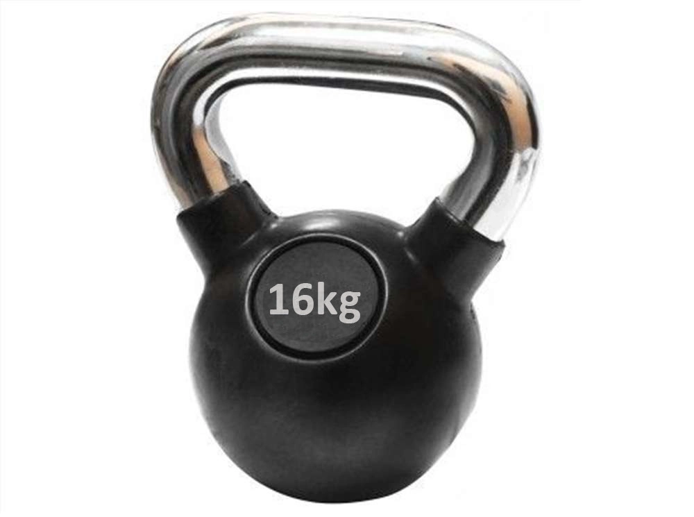 TRENAŽER-KETTLEBELL RUČNI TEG GUMIRAN 16kg HROM-CRNI
